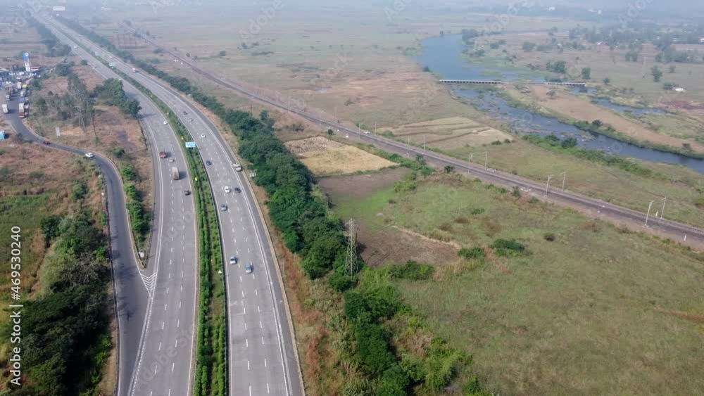 Aerial footage of the Mumbai-Pune Expressway near Pune India. The ...
