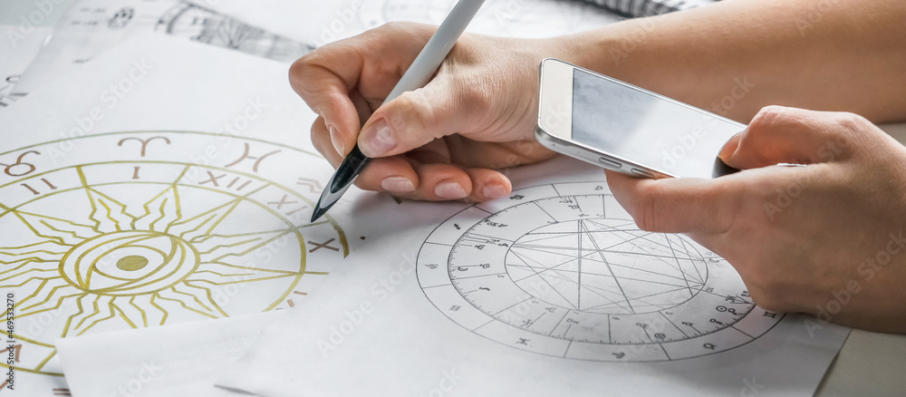 Astrology. Astrologer calculates natal chart and makes a forecast of ...