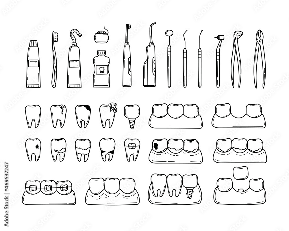 Set in doodle style of dental tools and teeth problems. Caries, cracks ...