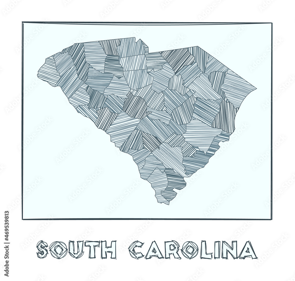 Sketch map of South Carolina. Grayscale hand drawn map of the us state ...