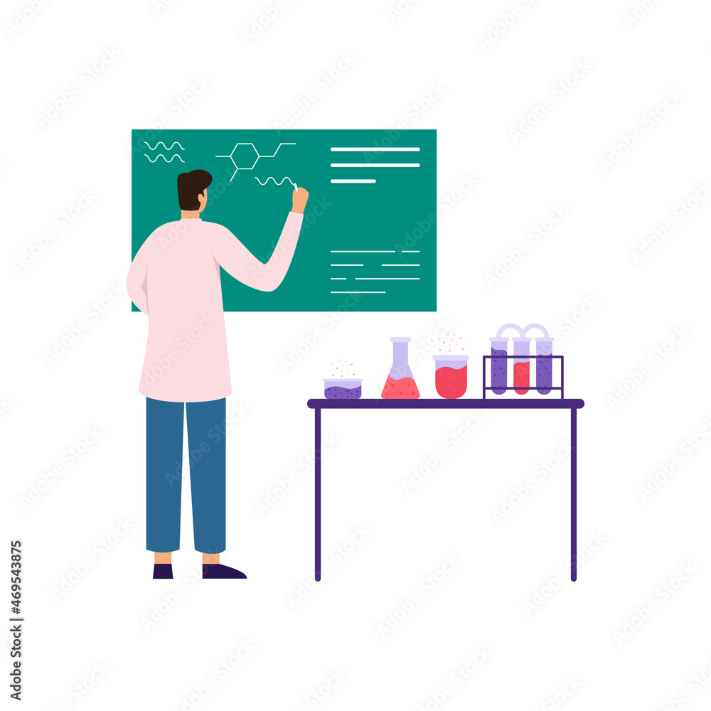 Man scientist in white coat writes a formula on a blackboard. Flasks and test tubes on the table ...