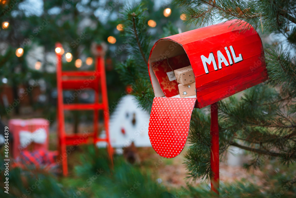 Christmas Red retro polka dot mailbox for Santa on the background of ...