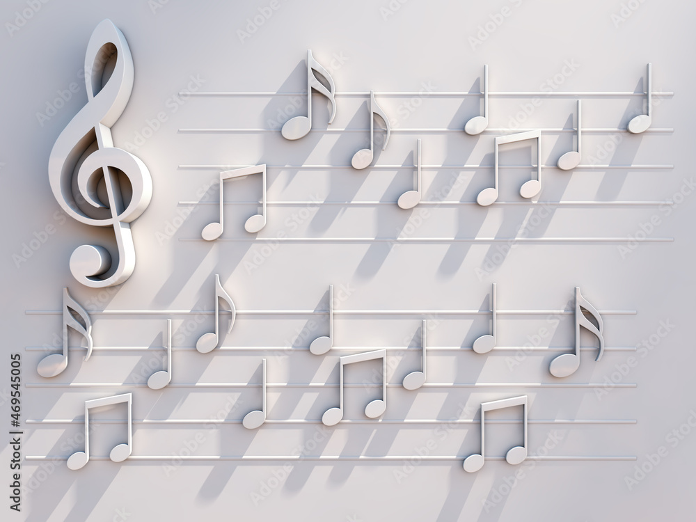 Ilustración 3d de notas musicales y signos musicales de la partitura ...