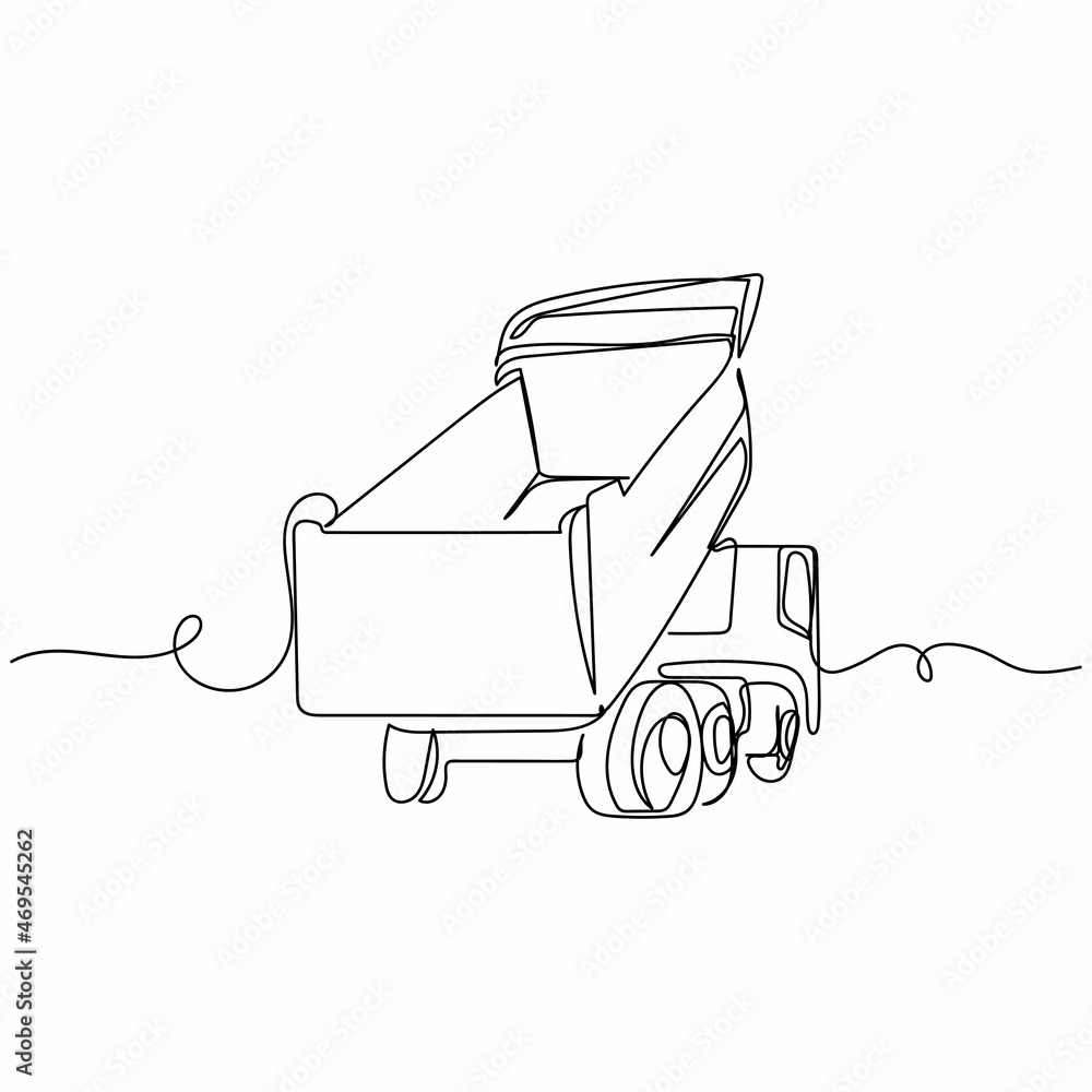 Vector continuous one single line drawing icon of dump truck in ...