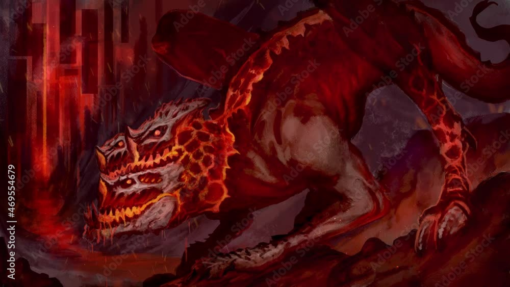 Digital animated painting of a three headed creature from hell oozing ...
