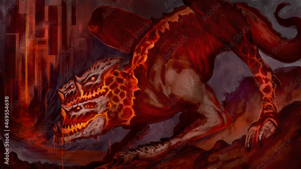 Digital painting of a three headed creature from hell oozing lava from ...