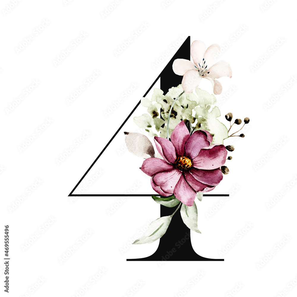Number 4 with watercolor flowers peonies and leaf. Perfectly for ...