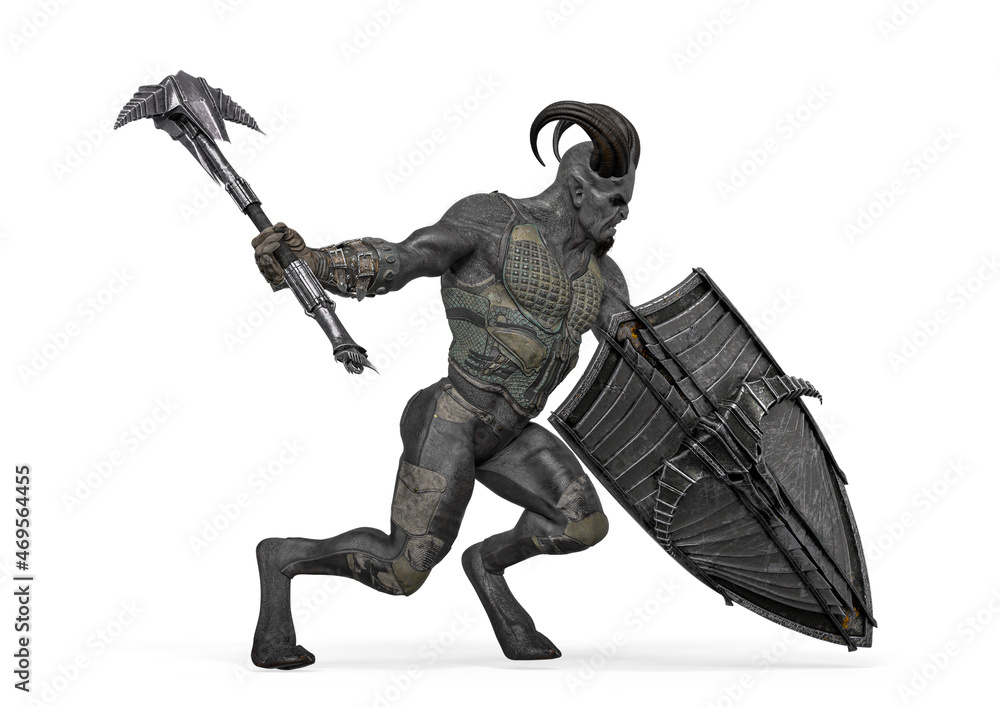 evil warrior is running and holding up an axe and shield with anger ...