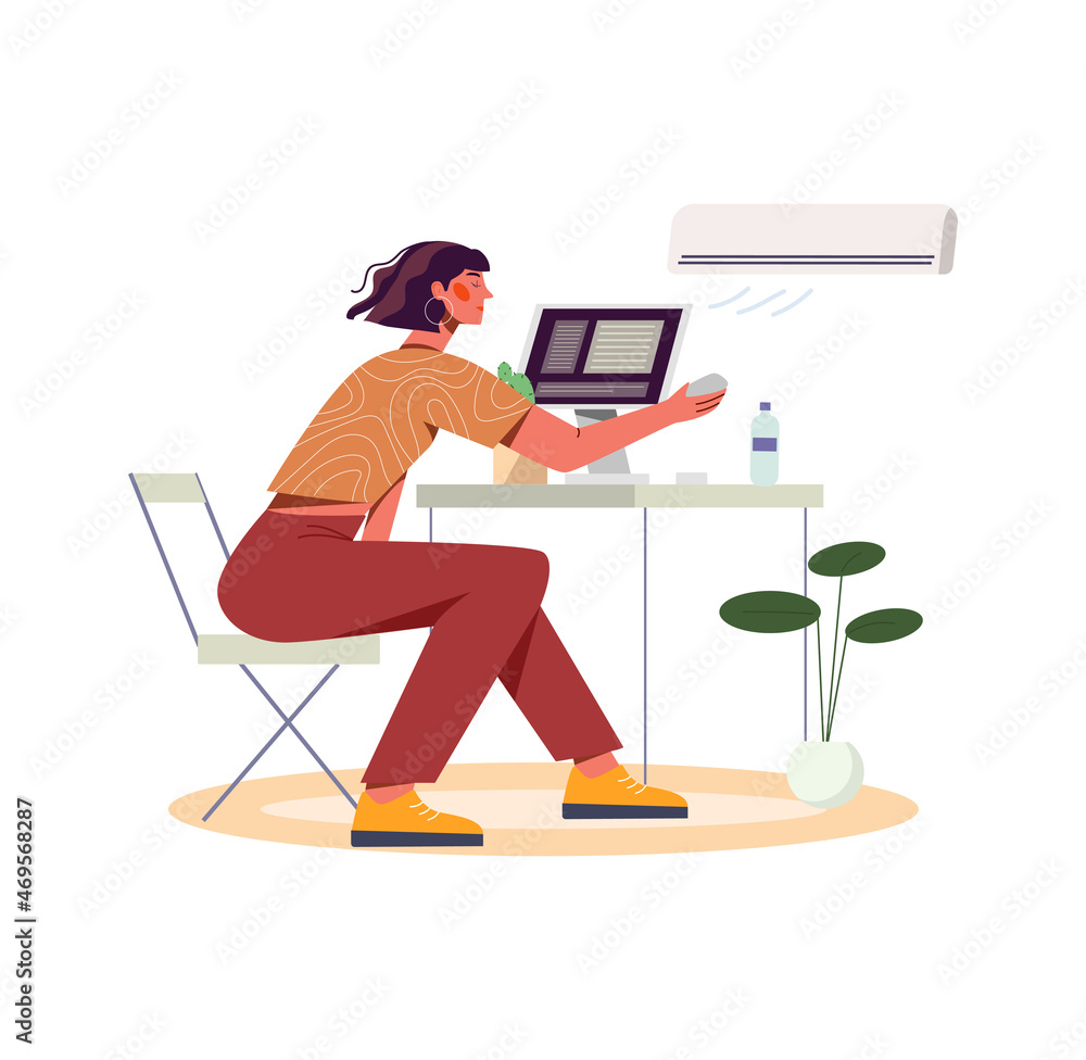 Work in hot weather concept. Young tired woman sitting at her workplace ...