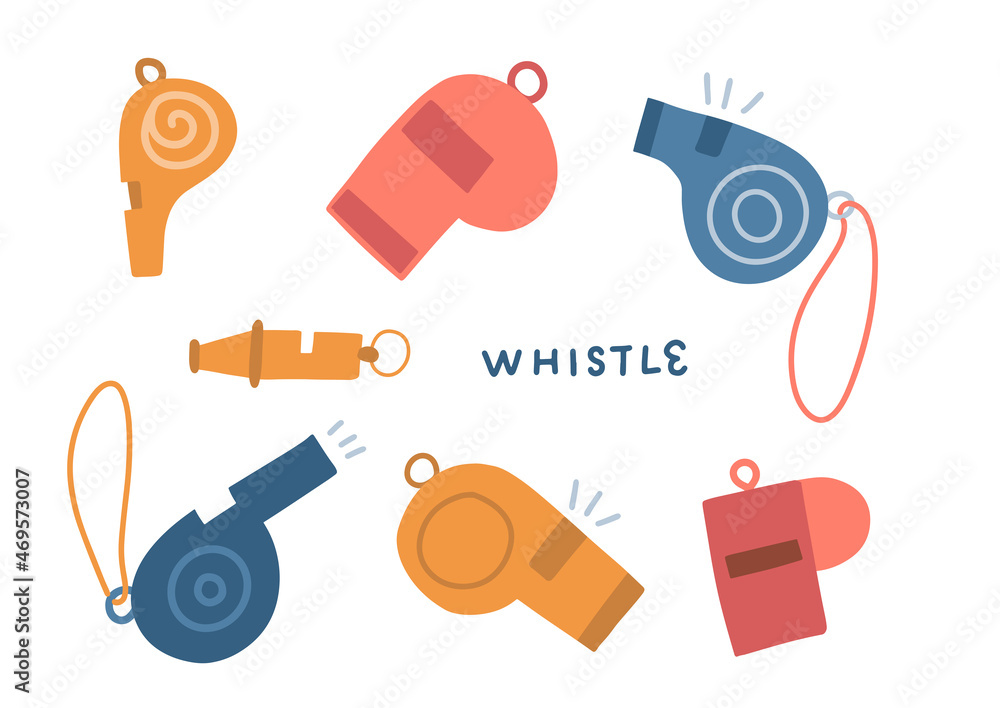 Whistle icon set. Flat hand drawn collection of whistle icons for web ...