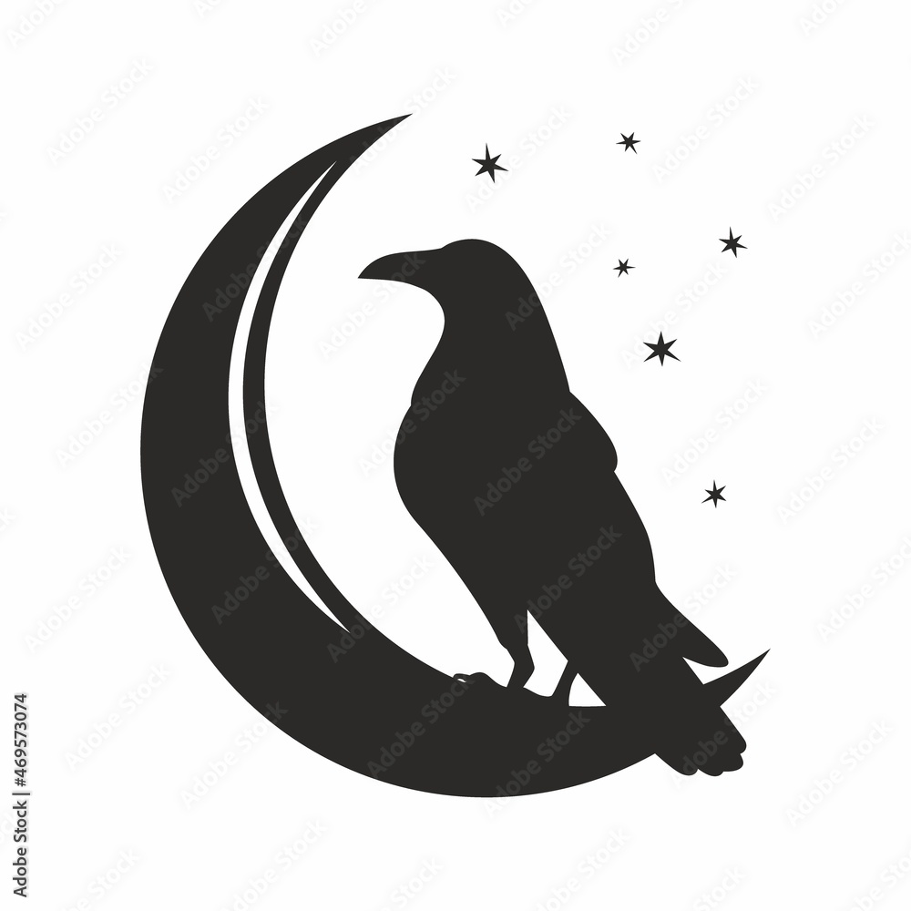Silhouette of a crow sitting on a crescent moon Stock Vector | Adobe Stock