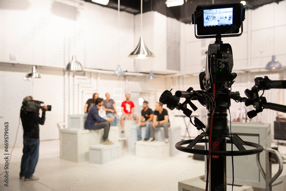 TV Studio, A TV show being filmed in a studio. TV Show Set Stock Photo ...