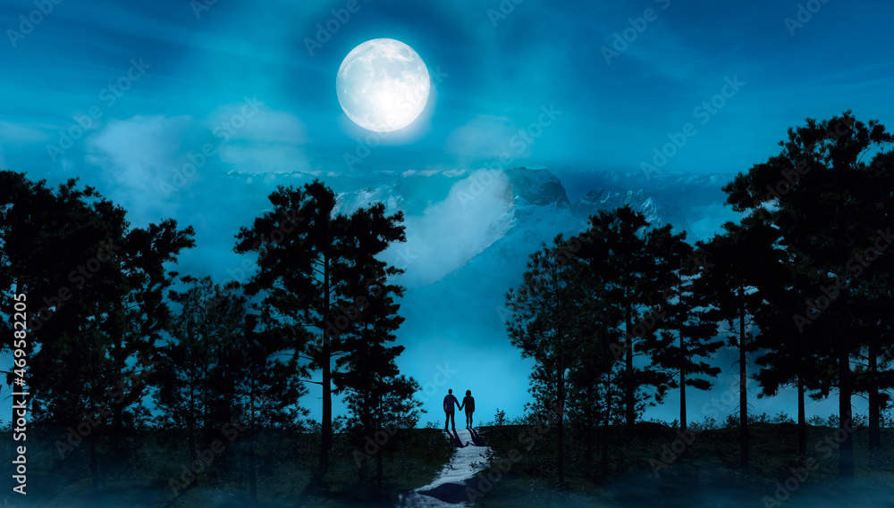 Magical night scene in nature. Mountain landscape with big moon in sky ...