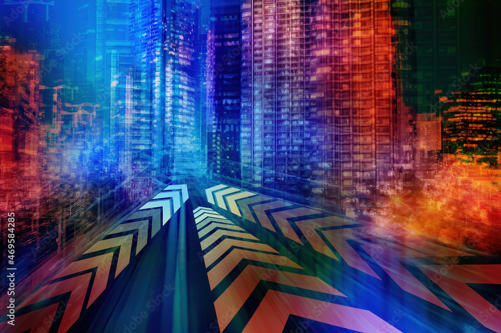 Stockfoto Background with traffic arrow. City landscape with motion ...