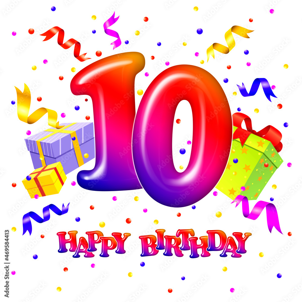 10 year birthday. Celebration background with number ten and gift boxes ...