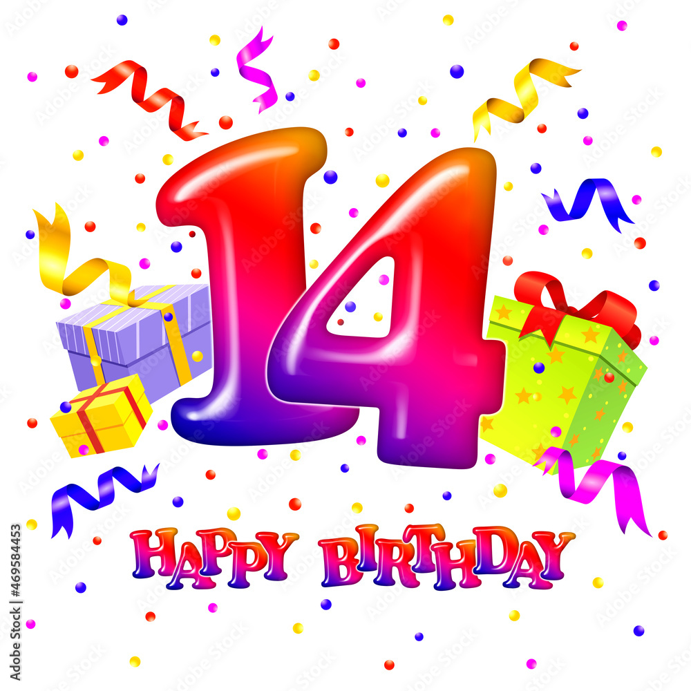 14 year birthday. Celebration background with number fourteen and gift ...