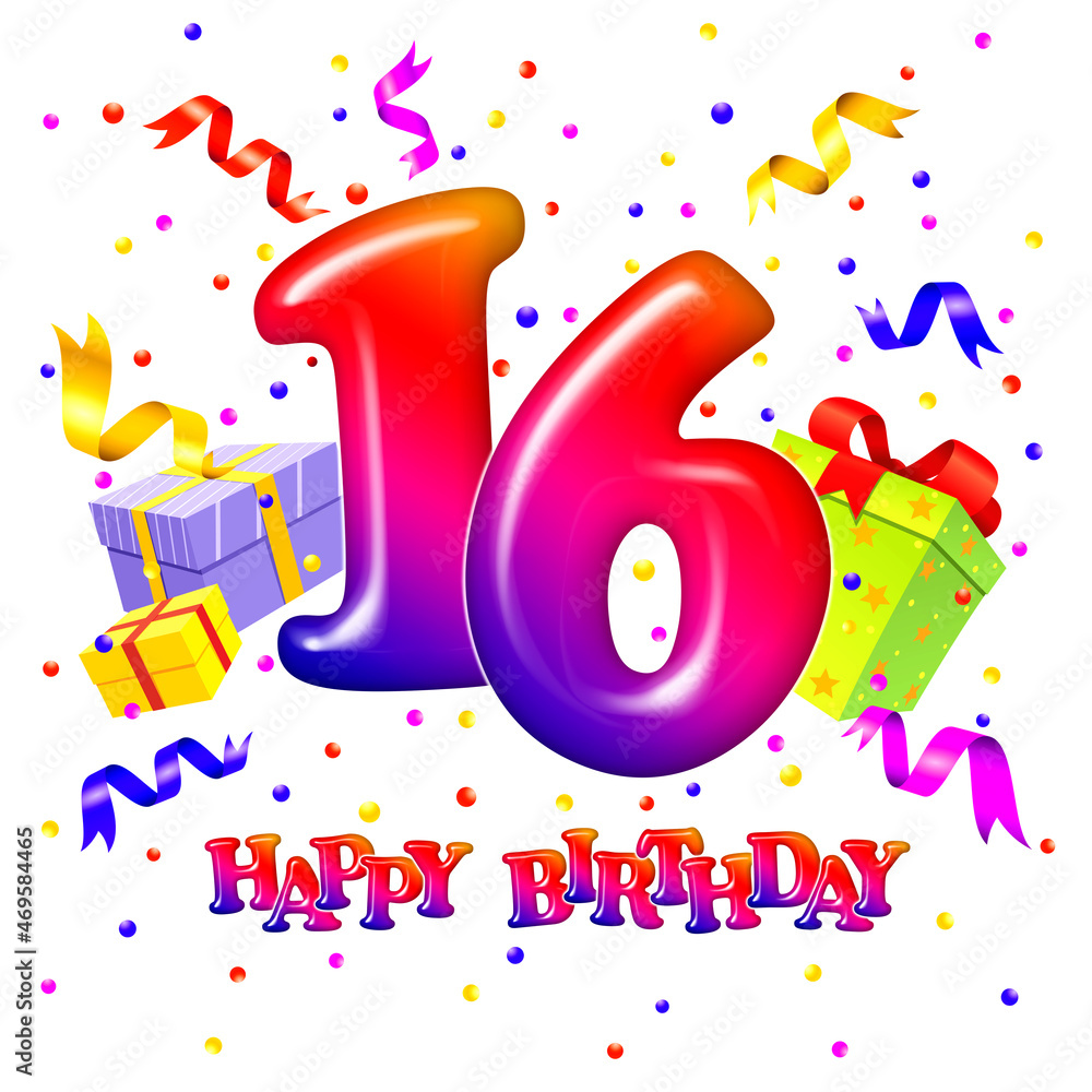 16 year birthday. Celebration background with number sixteen and gift ...