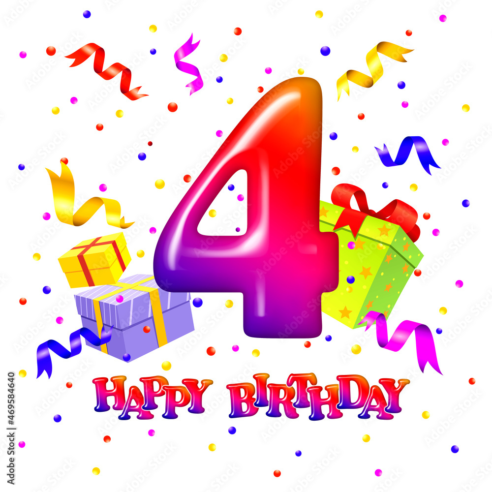 4 year Happy Birthday. Celebration background with number four and gift ...