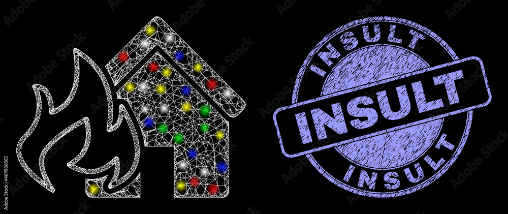 Glossy polygonal mesh web house fire disaster icon with glitter effect ...