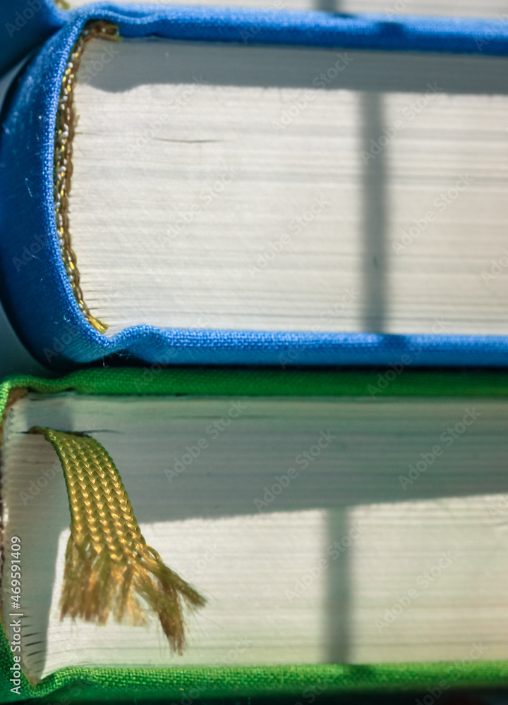 Fotografia do Stock: A stack of green and blue paper books. Vertical ...