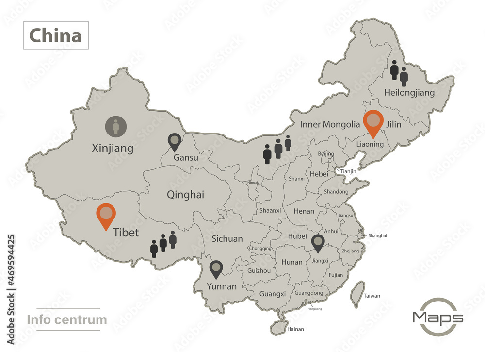 China map, individual regions with names, Infographics and icons vector ...