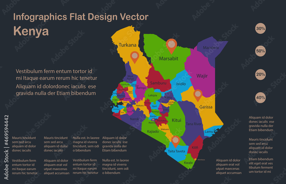 Infographics Kenya map, flat design colors, names of individual ...