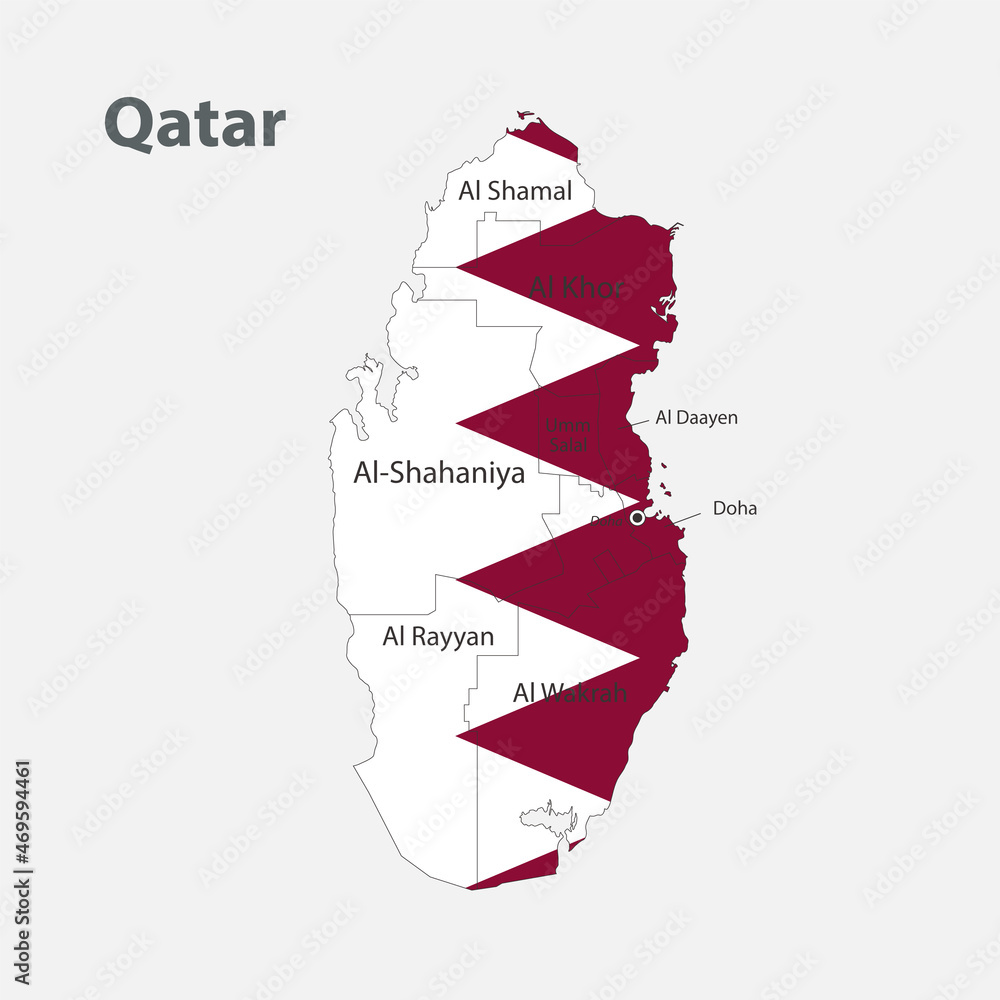 Map of the Qatar in the colors of the flag with administrative ...