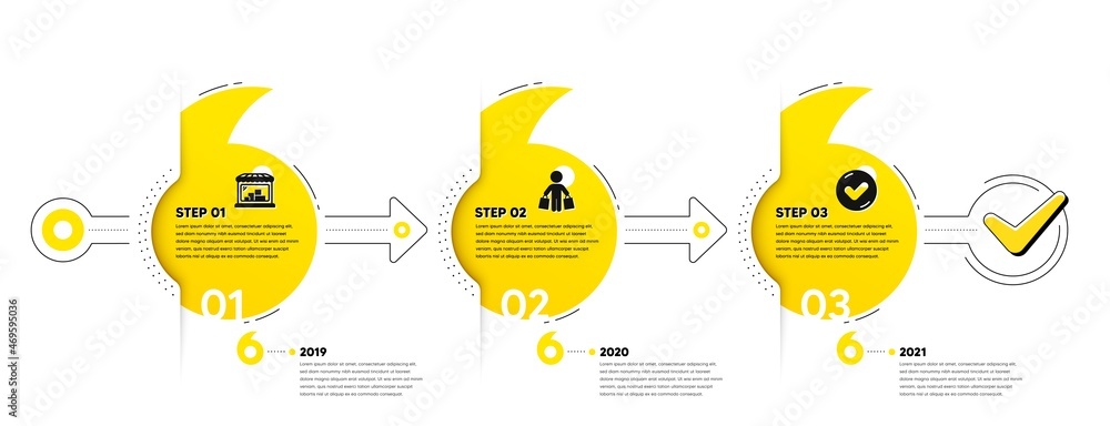 Trade Infographic timeline with 3 steps. Shopping process diagram with ...