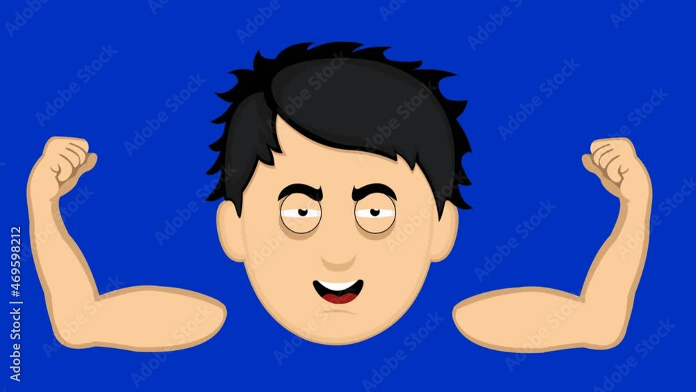 Loop animation of the face of a young cartoon man flexing his arms and ...