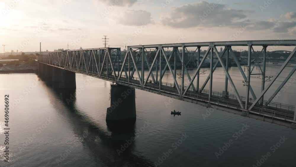 Railway train bridge and city river aerial view. Logistics, city ...