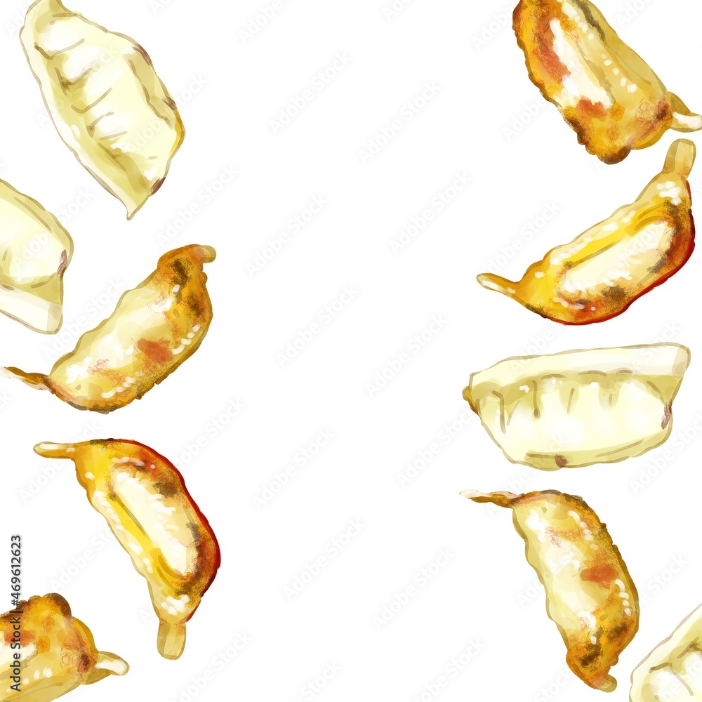 手描き水彩の焼餃子イラスト正方形フレーム・左右 Stock-Illustration | Adobe Stock