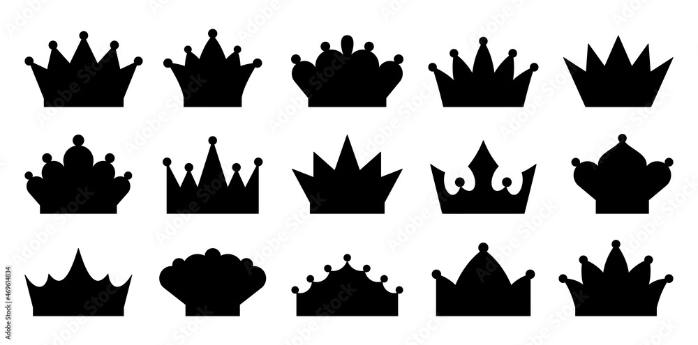 Crown silhouette of royal distinction black flat set. Heraldic symbol ...