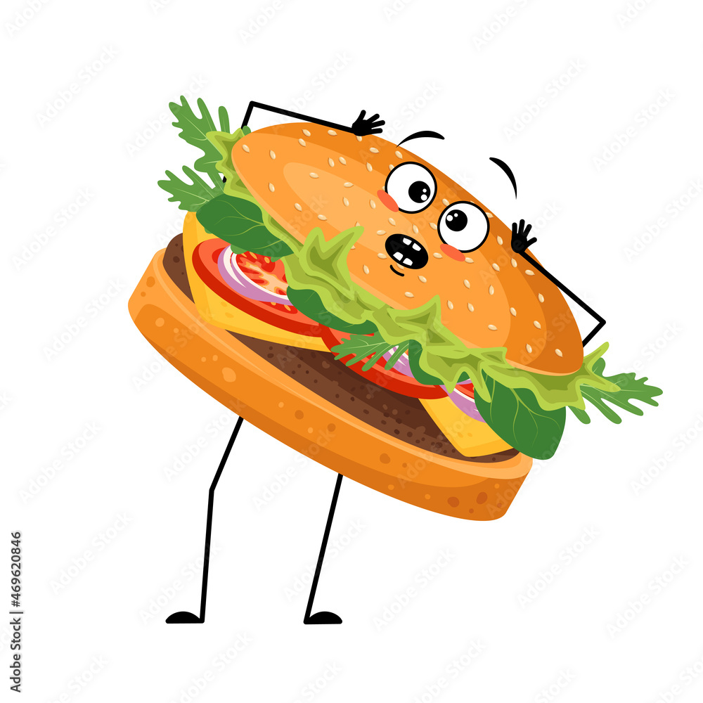 Cute character hamburger with emotions in panic grabs his head ...