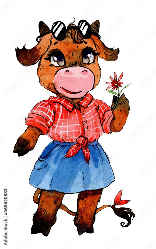 Watercolor cliparts. Cute cows, cartoon characters, different seasons ...