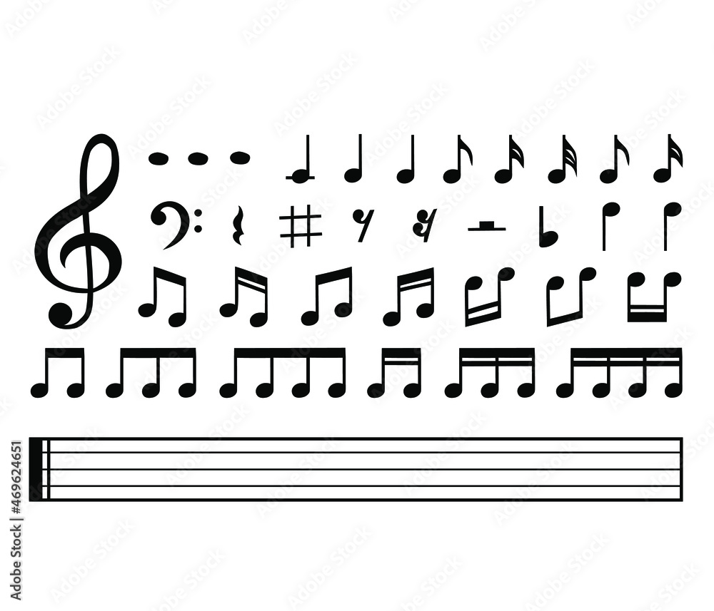 Set of musical notes. Black silhouette isolated on white background ...
