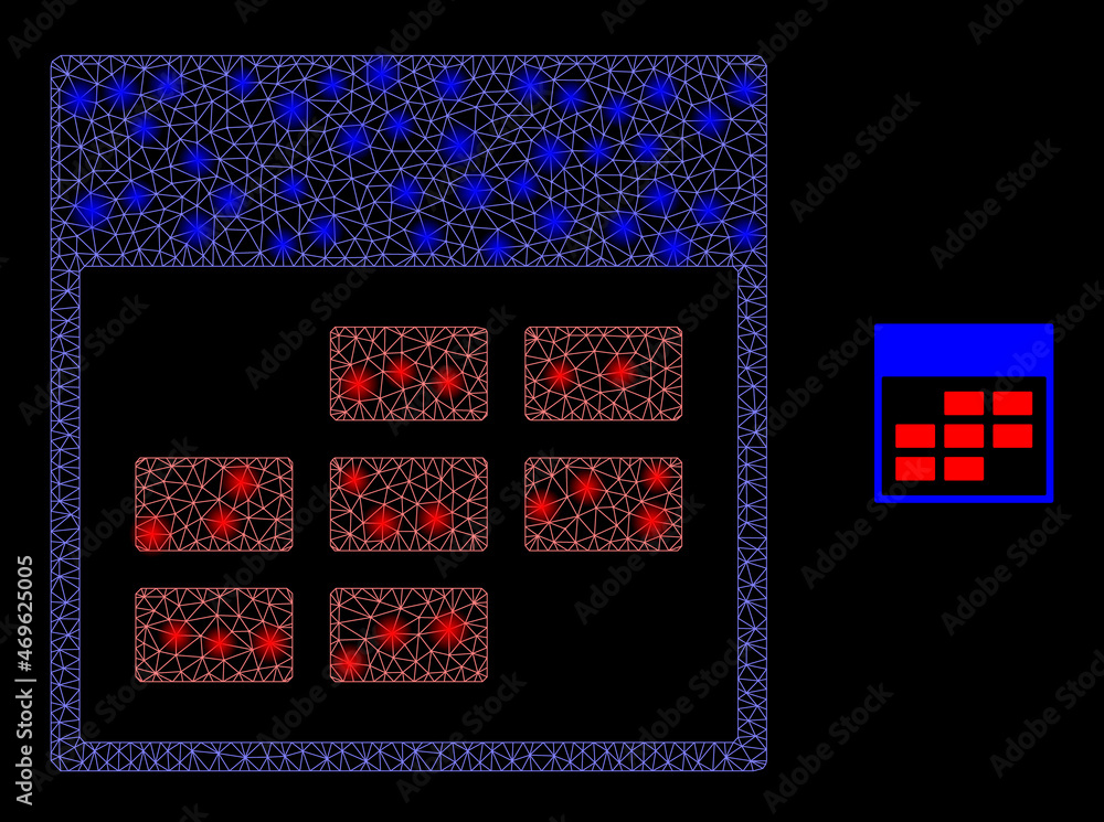 Glossy polygonal mesh web calendar week items icon with glow effect on ...