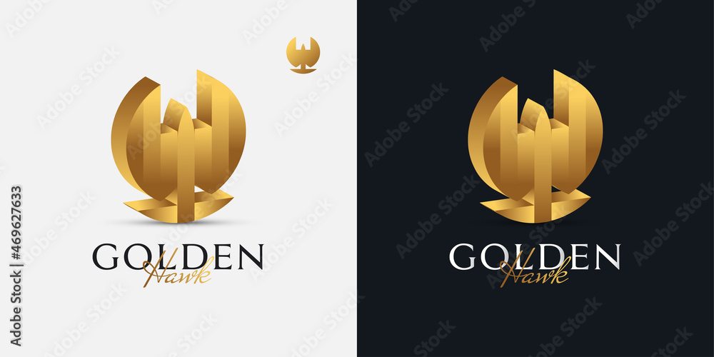 3D Luxury Golden Hawk Logo Design Template. Eagle, Falcon or Garuda ...