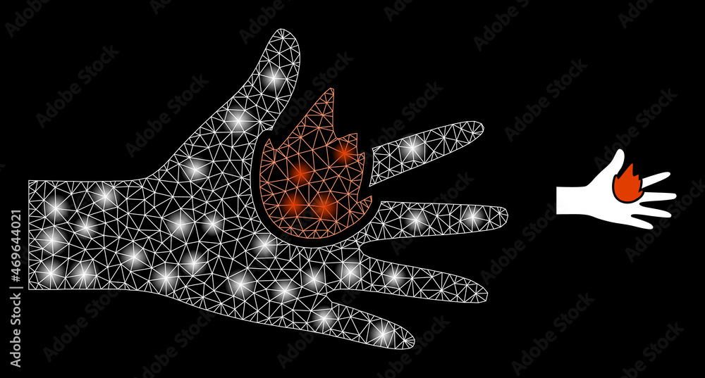 Glossy polygonal mesh net burn hand icon with glitter effect on a black ...