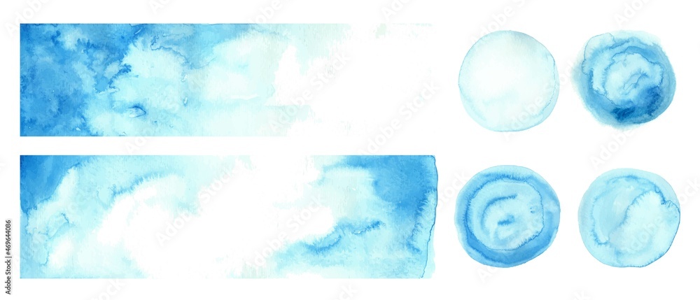 Set of blue watercolor circles, backgrounds, frames. Different style ...