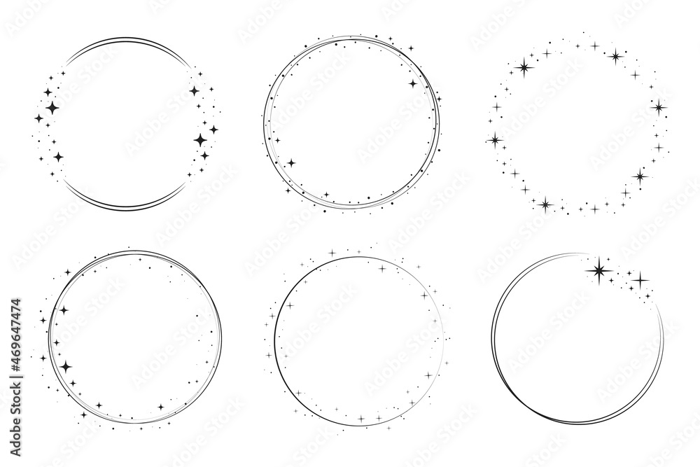 Sparkle star circle frame set. Wreath ring stardust border for party ...