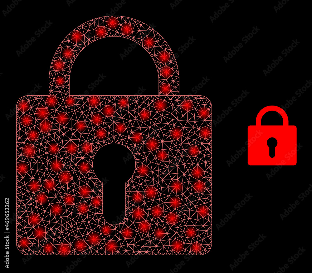 Glossy polygonal mesh net lock icon with glare effect on a black ...