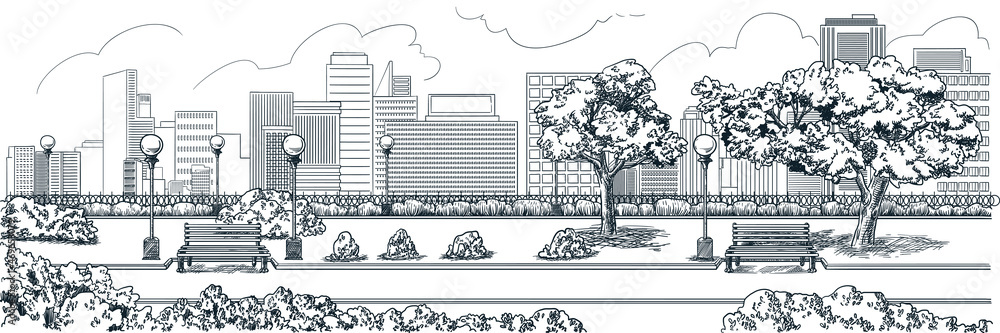 City buildings and park landscape horizontal background. Vector hand ...