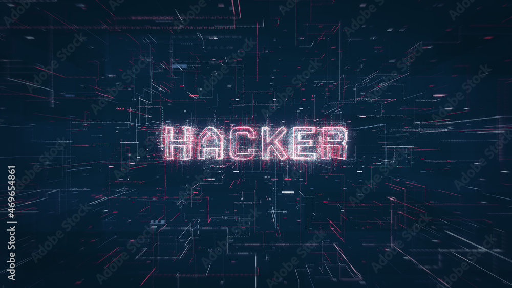 Hacker title on a digital binary code network and data background Stock ...