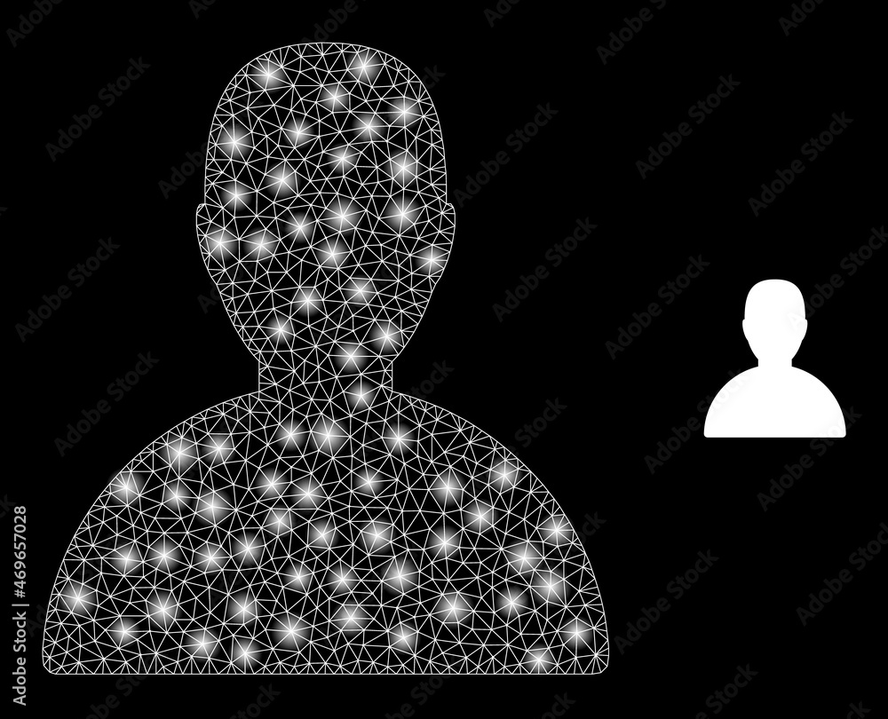 Glossy polygonal mesh net customer icon with glitter effect on a black ...
