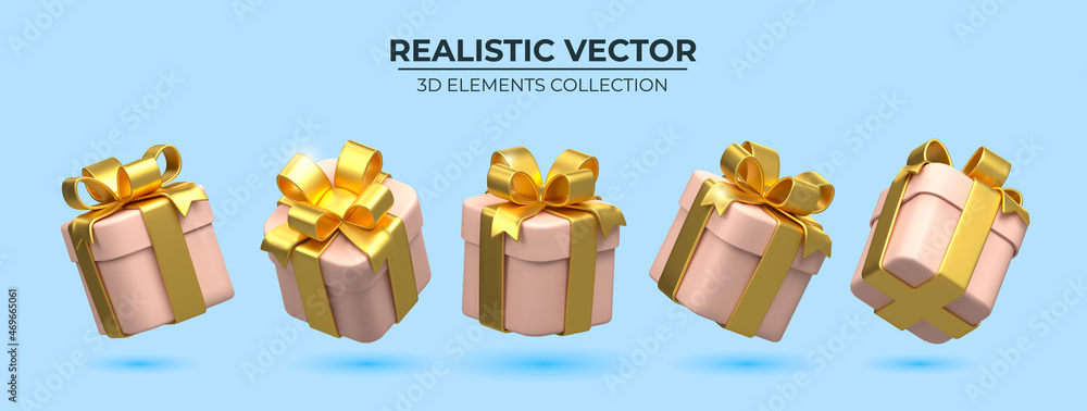 Set of Realistic 3d pink gift box with golden ribbons isolated on a ...