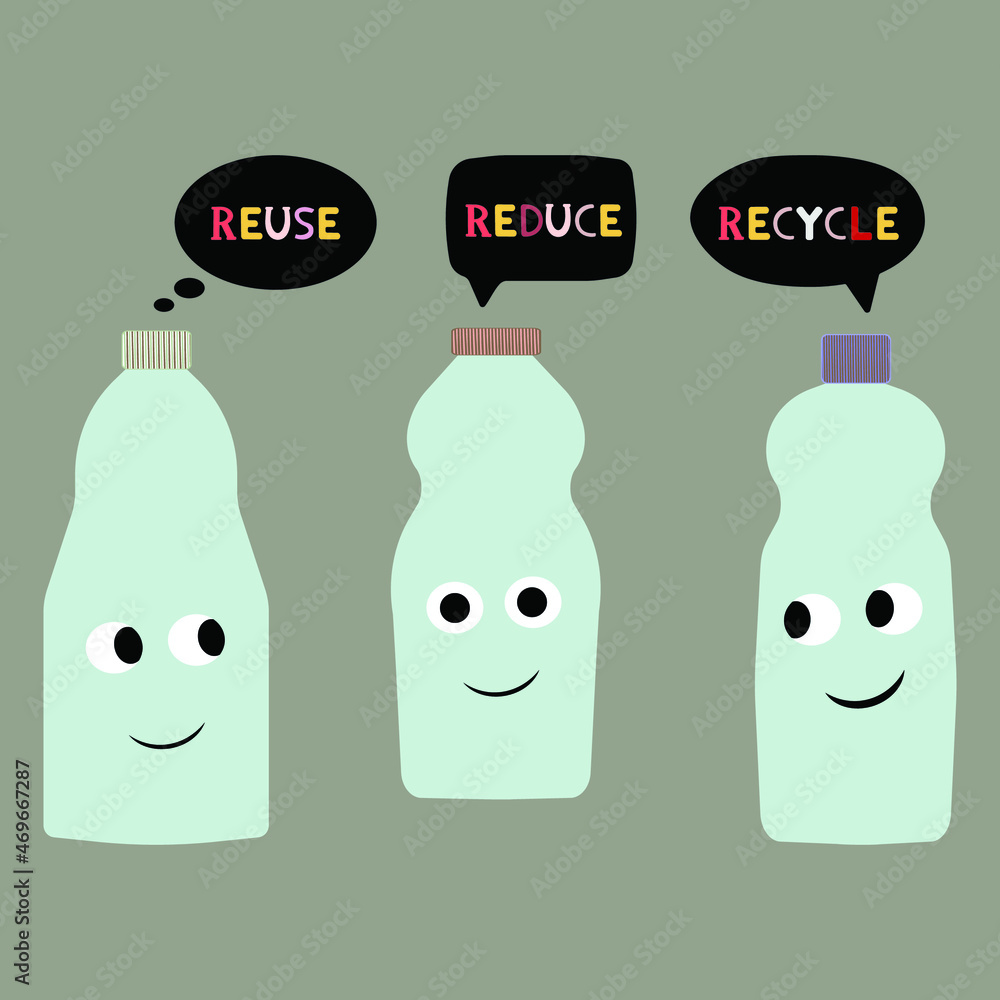 Eco illustration with doodle plastic bottles and speech bubbles ...