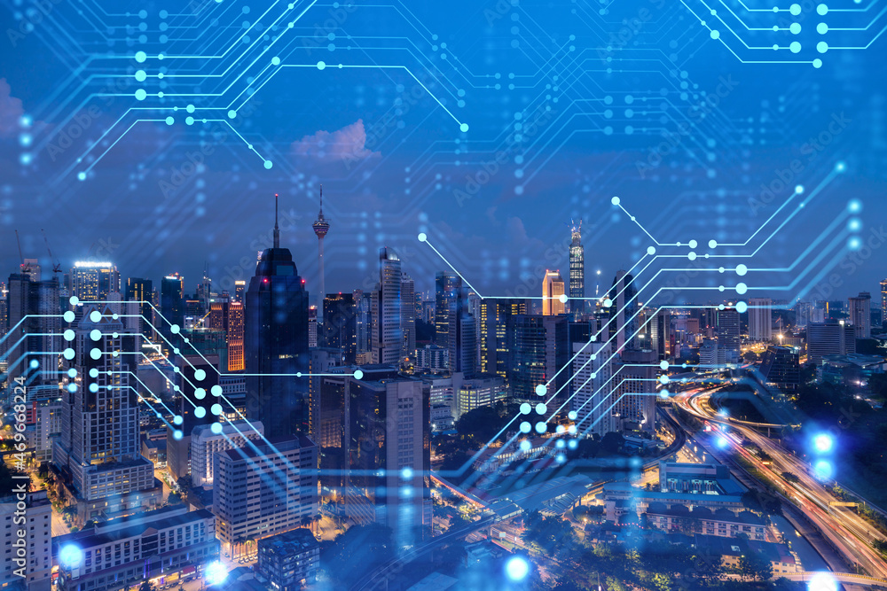 Information flow hologram, night panorama city view of Kuala Lumpur. KL ...