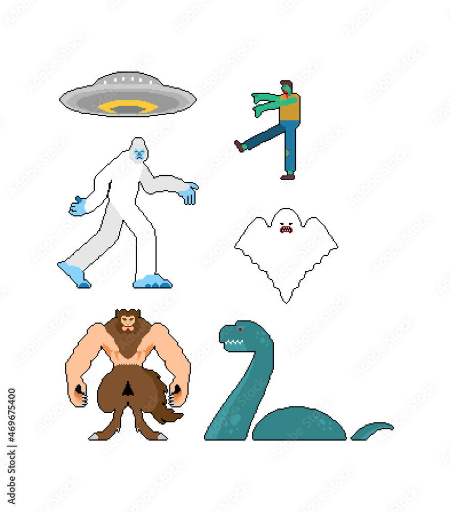 Paranormal pixel art. Werewolf and zombies 8 bit. pixelated UFO and ...