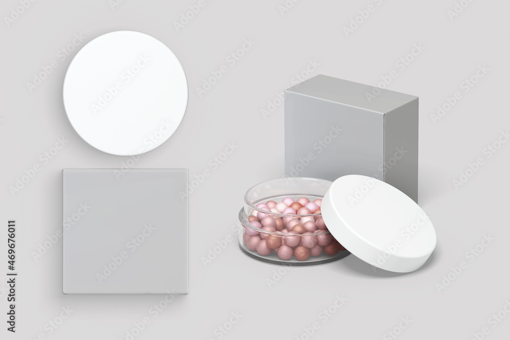 Empty blank open transparent face powder or blush container with balls ...