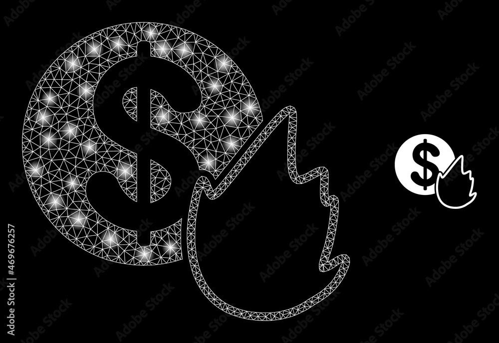 Glossy polygonal mesh web fired money icon with glare effect on a black ...